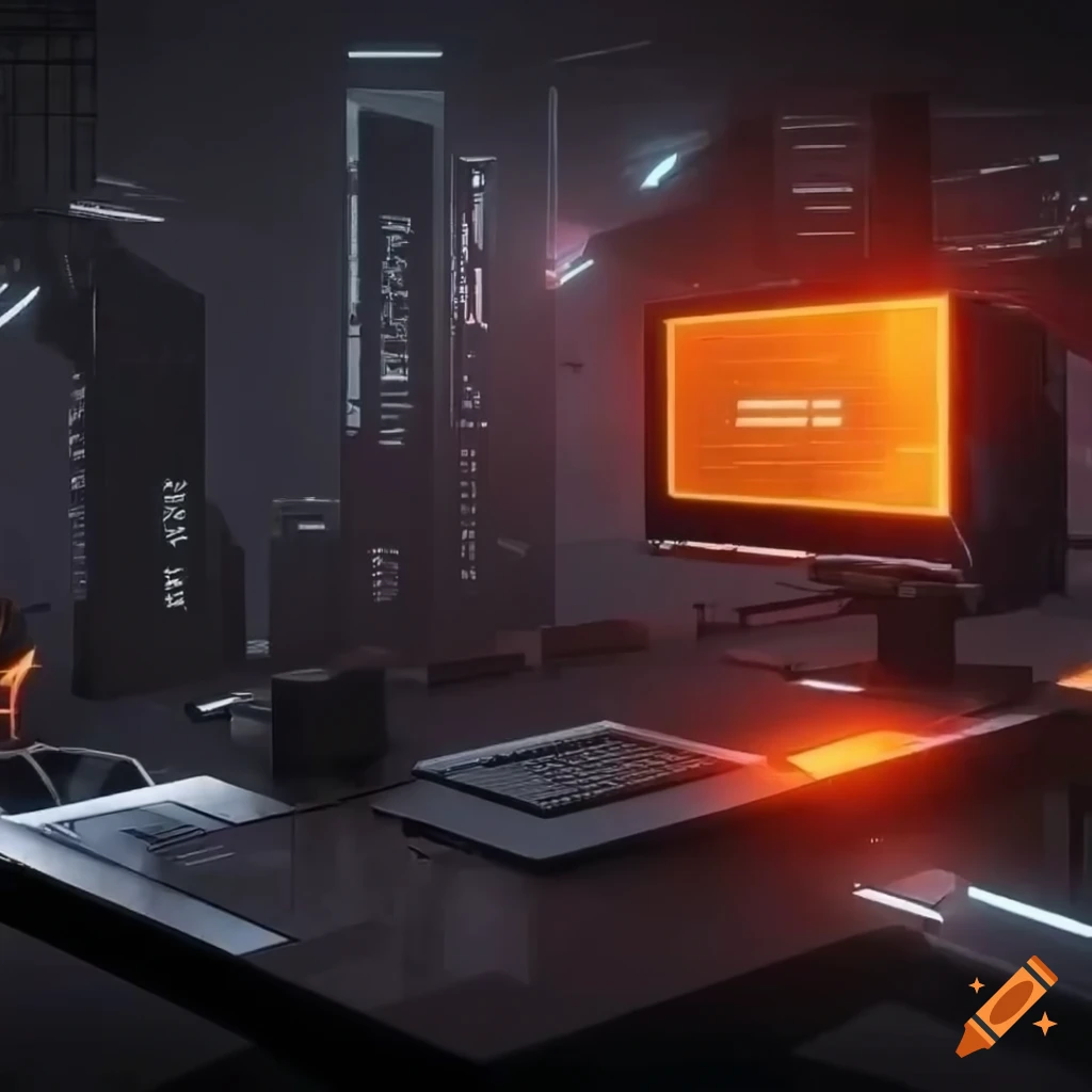 Cyberpunk interior design with hexagonal orange neon lights on Craiyon