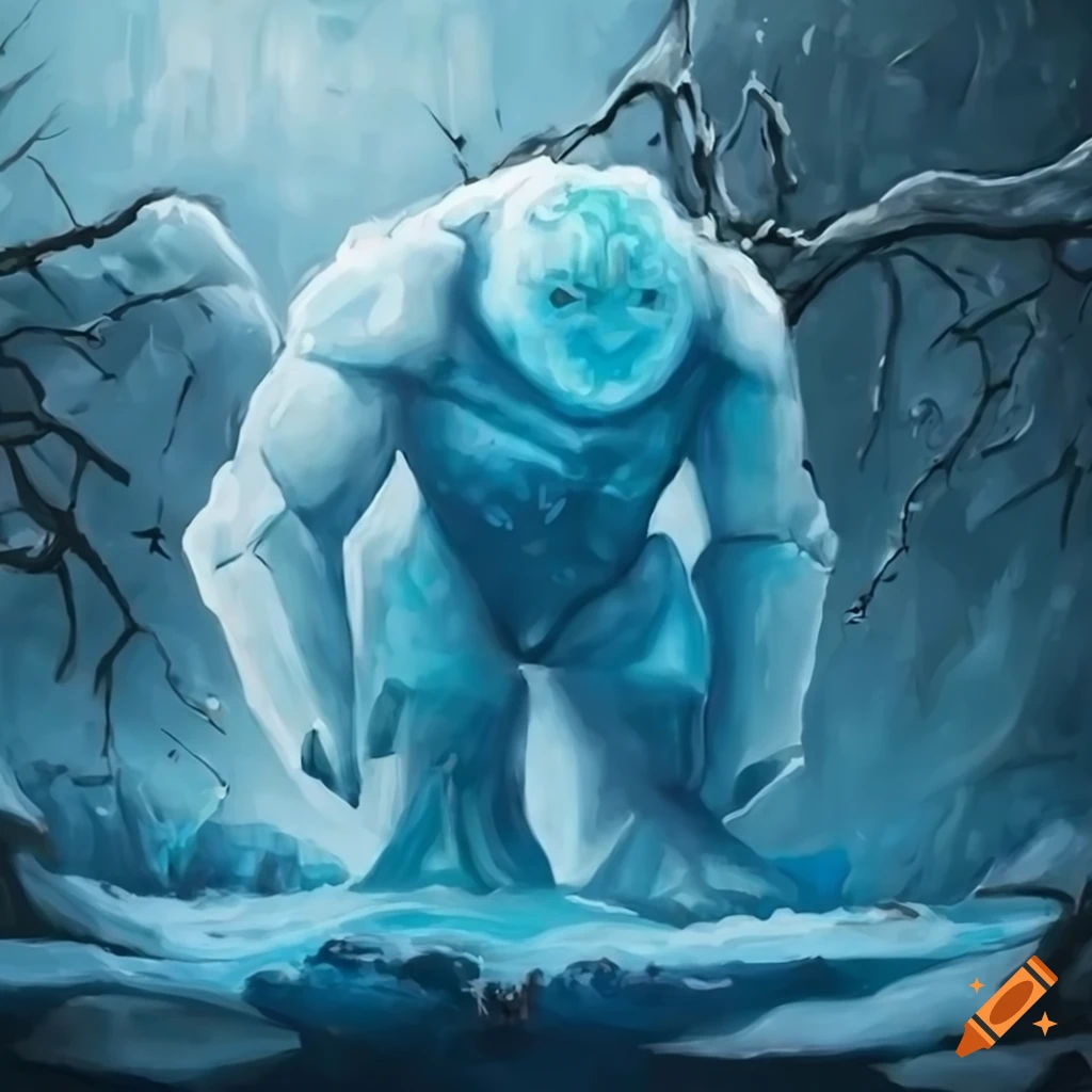 Painting of an ice golem made of ice chunks on Craiyon