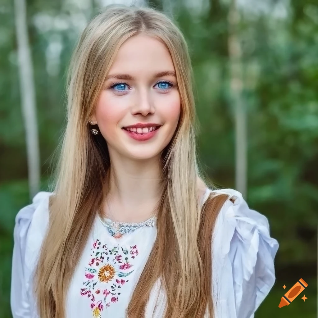 Portrait of a friendly girl with big blue eyes and pale blonde hair on Craiyon
