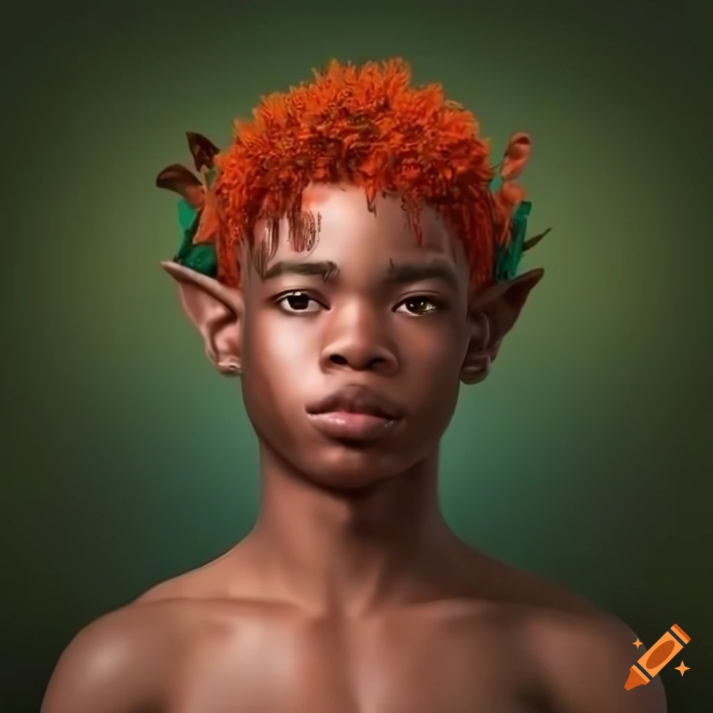 Melanated African red-headed teen male elf in a laurel wreath on Craiyon