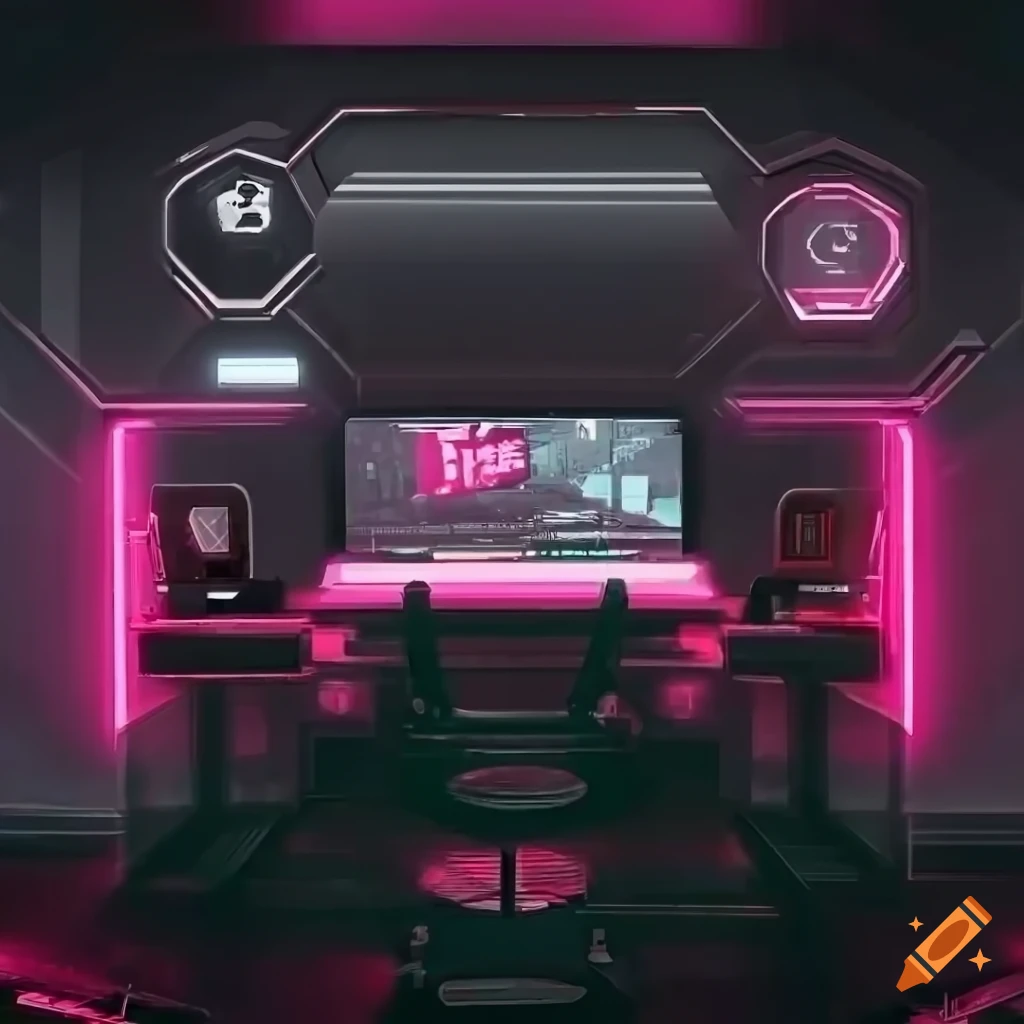 Cyberpunk interior design with computer screens and neon lights on Craiyon