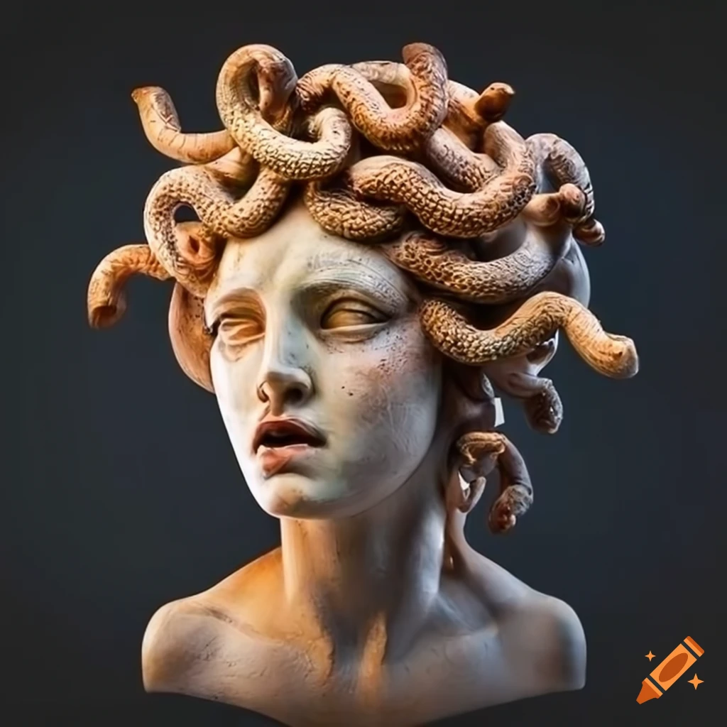 Wooden sculpture of a lifelike Medusa head on Craiyon