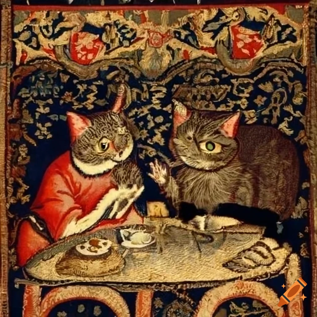 Medieval tapestry of a cat dining at a table on Craiyon