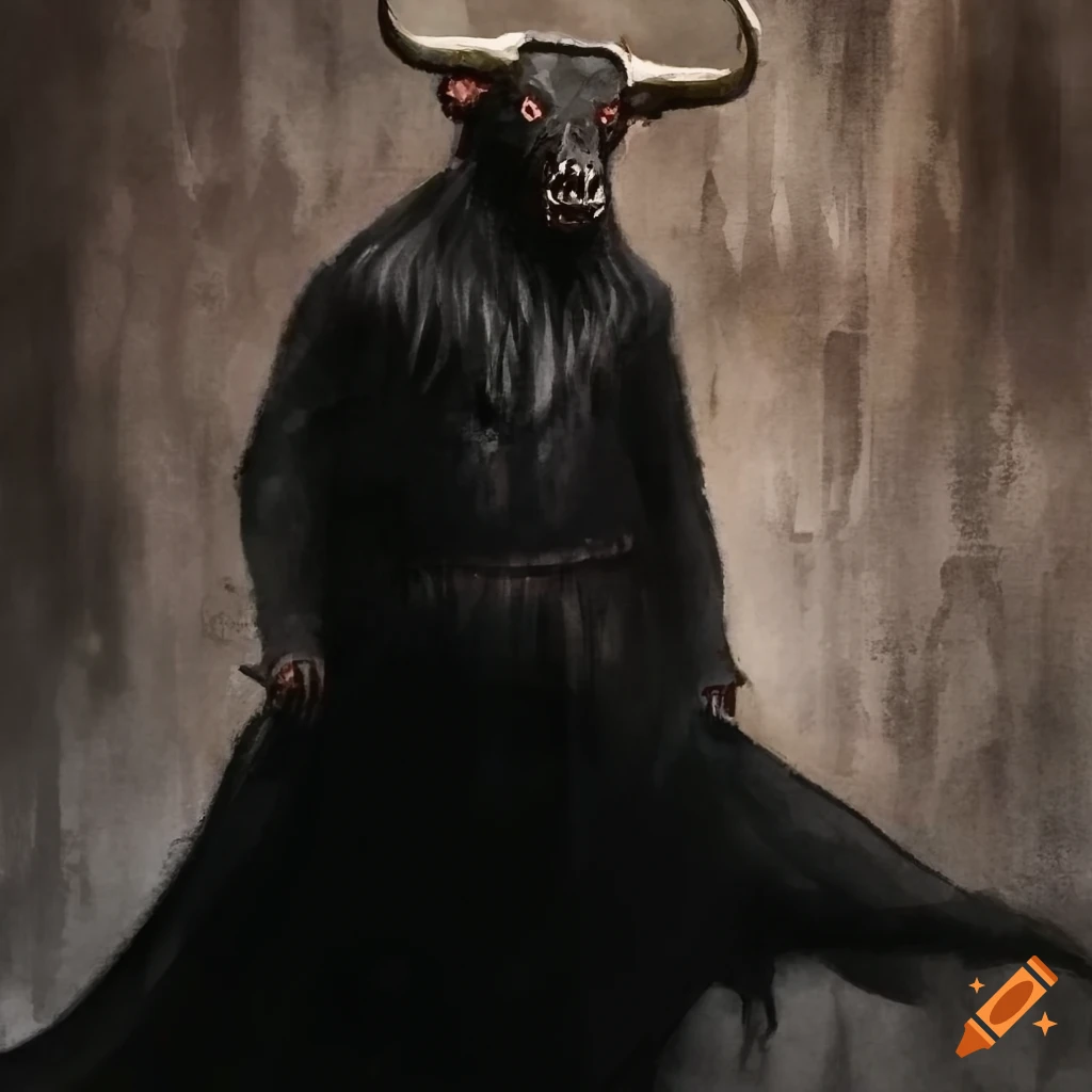 Watercolor painting of an evil minotaur wizard in a dungeon on Craiyon