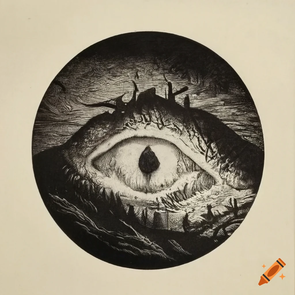 Black and white acid etching of eye of sauron on Craiyon