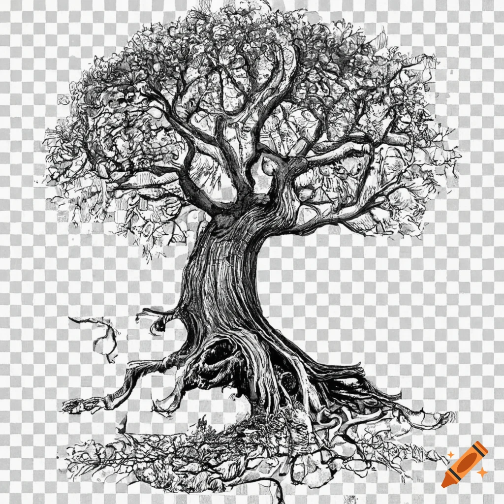 Black and white drawing of an old gnarly tree on Craiyon