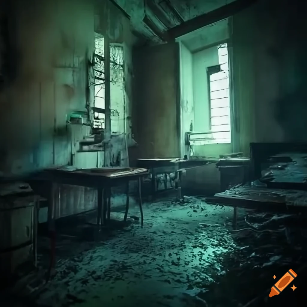 Eerie abandoned laboratory with broken flasks and scattered papers on ...