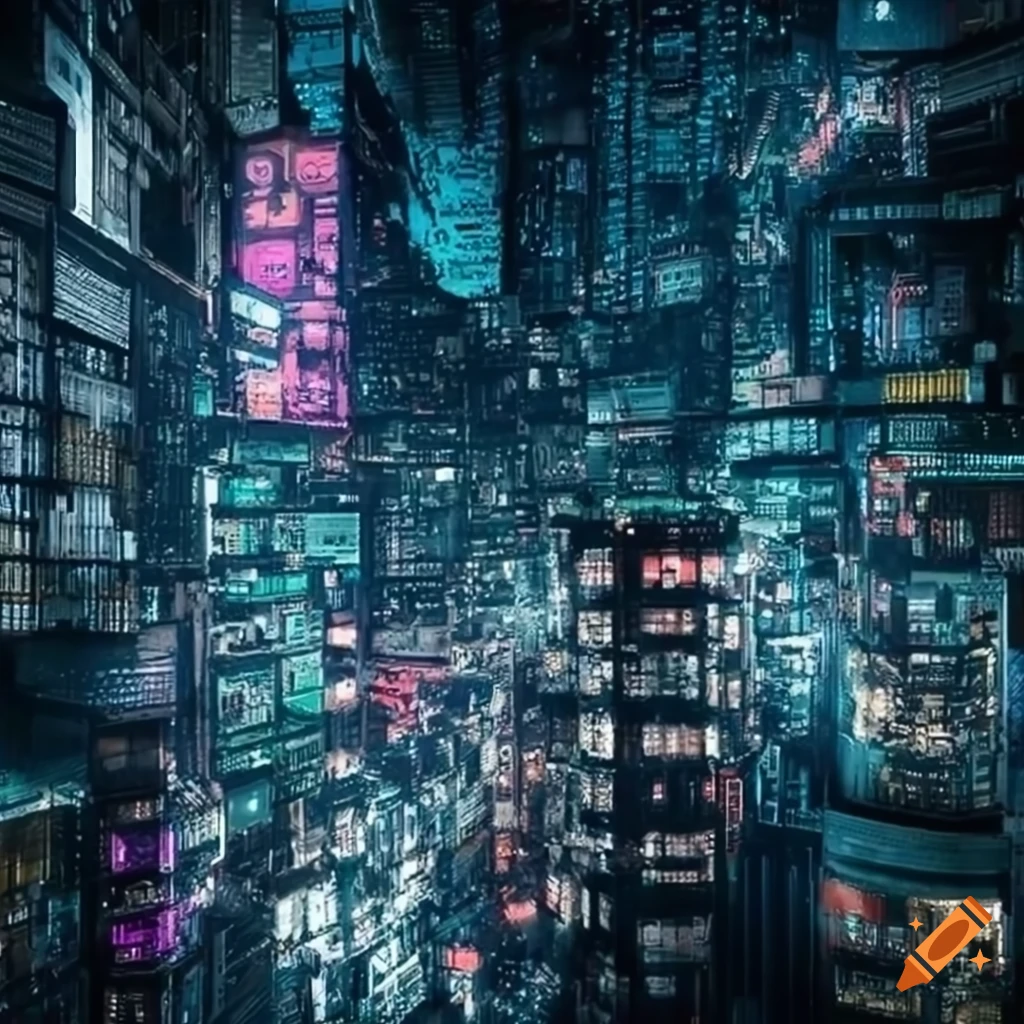 Isometric map of a futuristic cyberpunk city on Craiyon