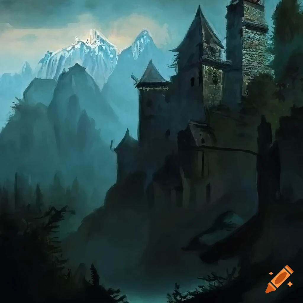 Painting of a dark tower in a haunted forest on Craiyon