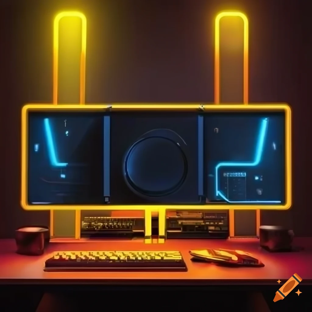 Neon-lit futuristic computer room with dual monitors