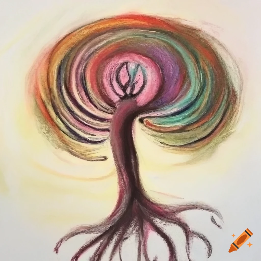 Whimsical tree of life drawing with chalk pastels