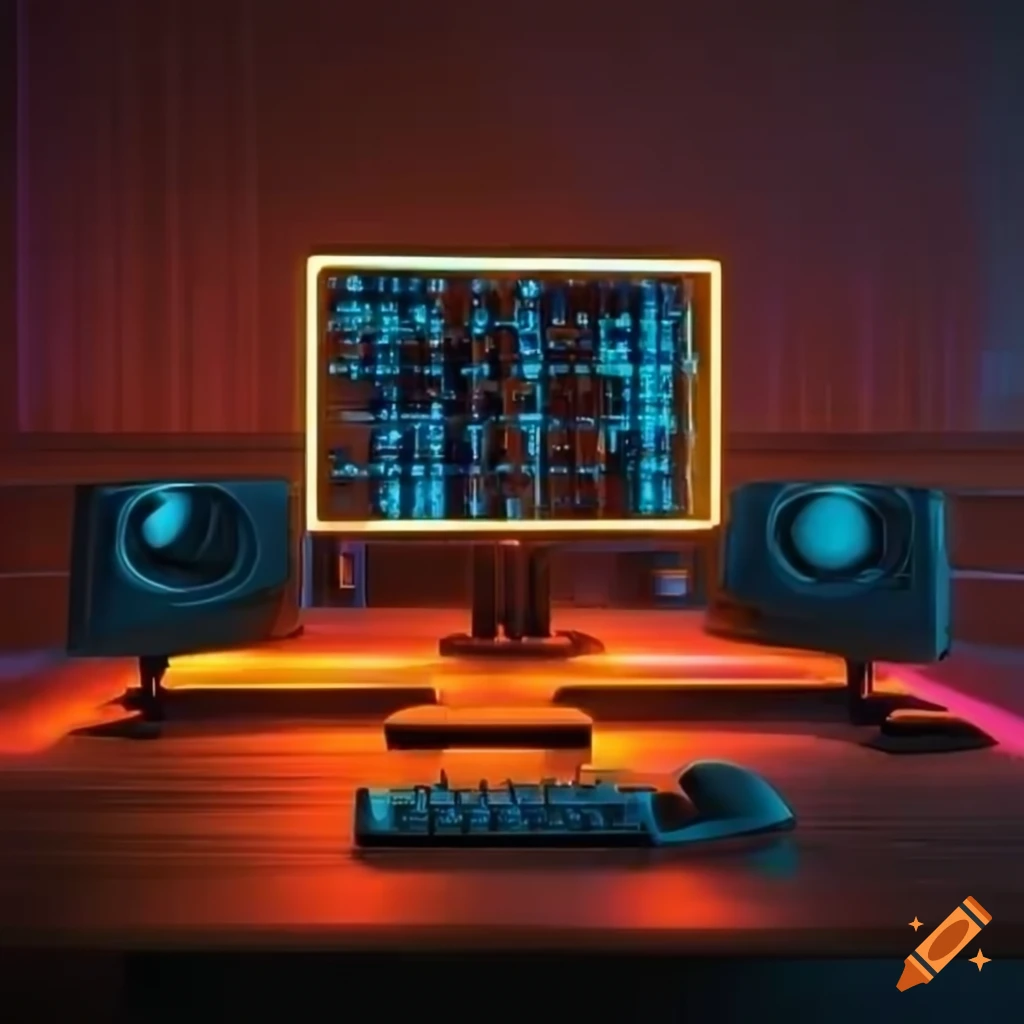 Neon-lit futuristic computer room with dual monitors on Craiyon