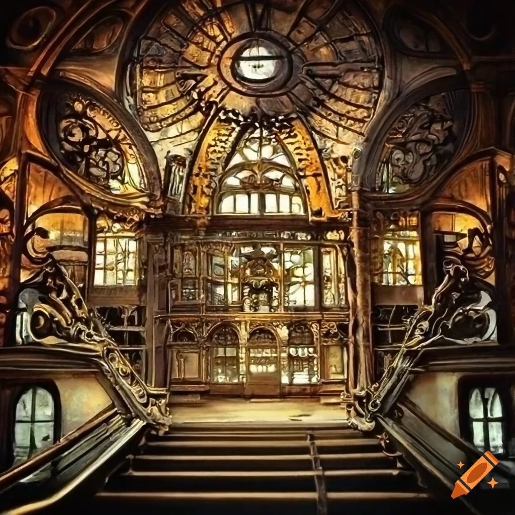 Steampunk glass art nouveau architecture of a large railway station on Craiyon