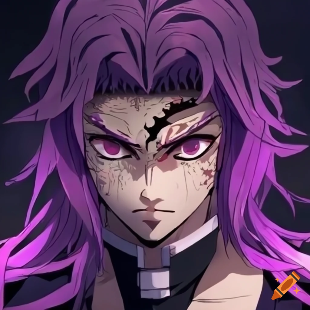 Male demon slayer character with purple hair and green eyes on Craiyon