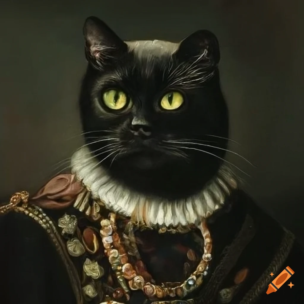 Oil painting of a black cat with an elizabethan collar on Craiyon
