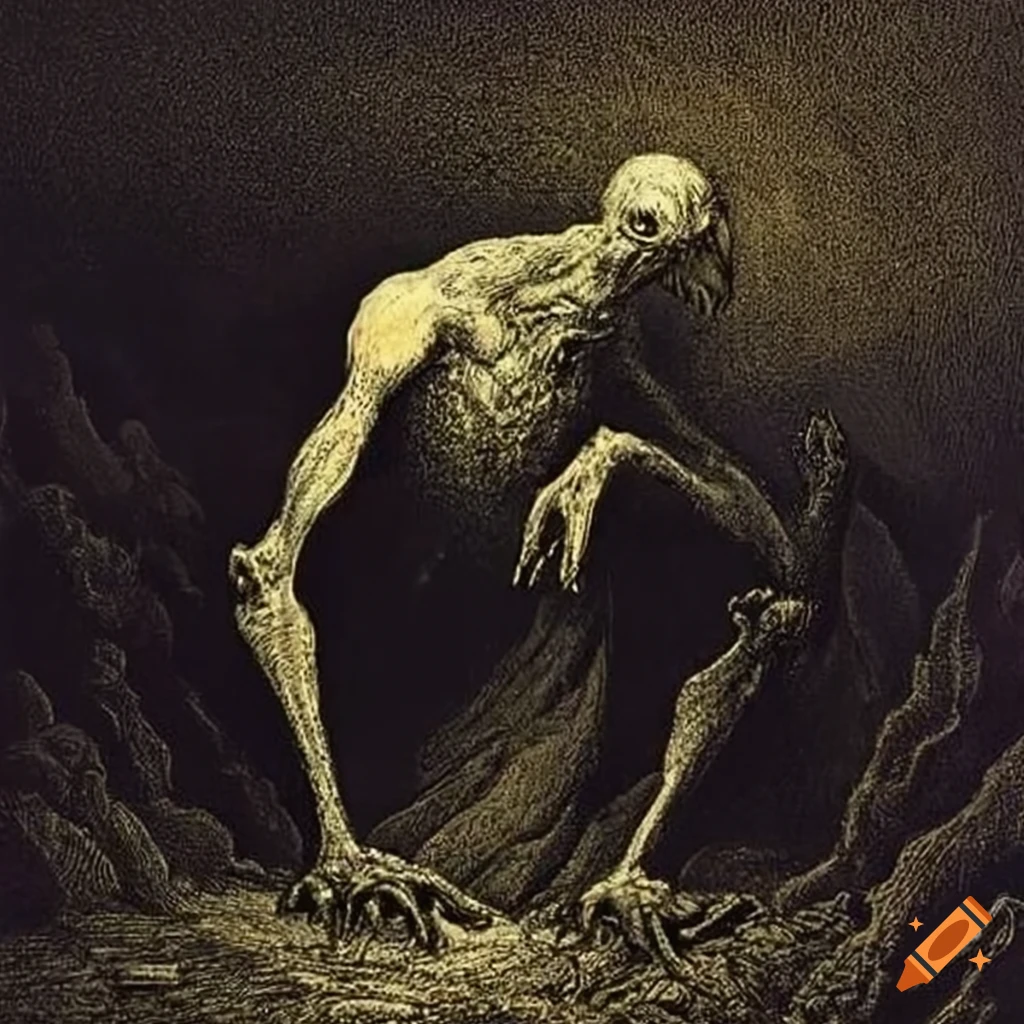 Artwork of a giant humanoid monster in a dystopian wasteland on Craiyon