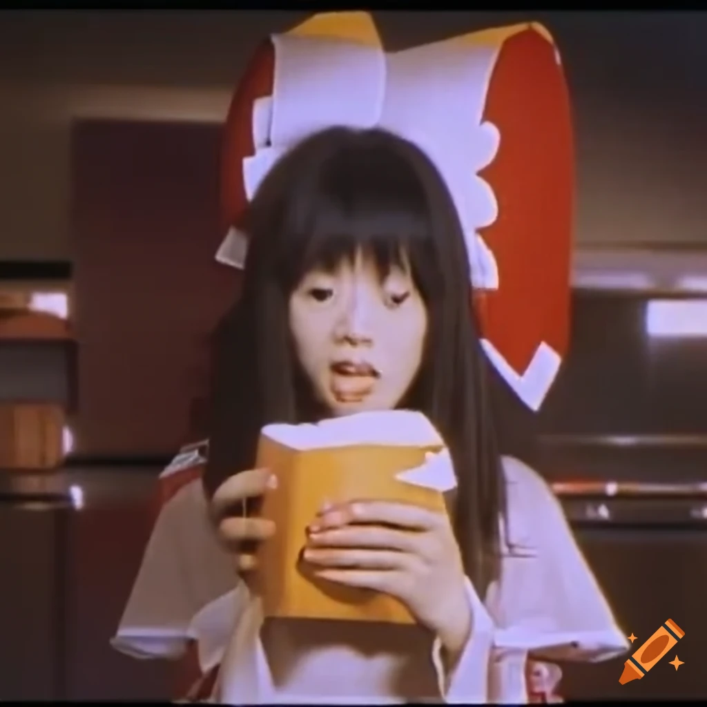Vintage film of reimu hakurei eating a cheeseburger on Craiyon