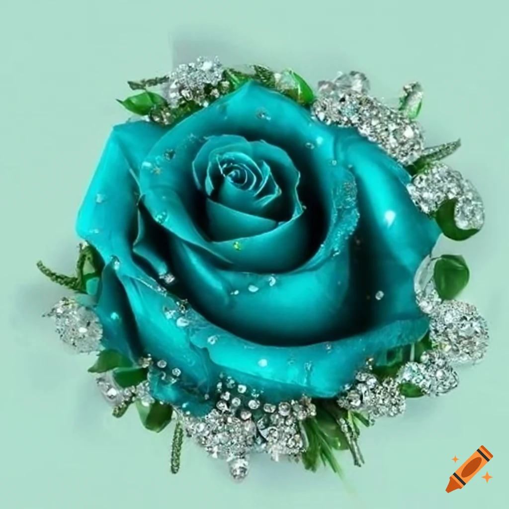 Glittery teal rose bouquet on a blank surface on Craiyon