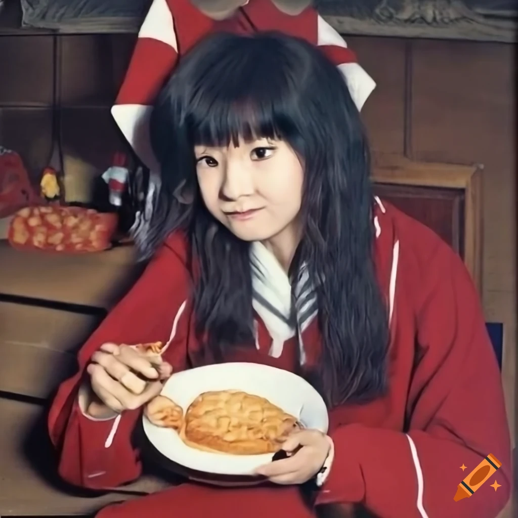 Vintage style photo of Reimu Hakurei eating pie on Craiyon