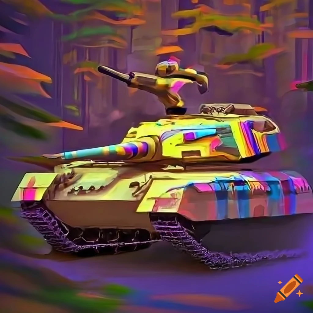 Digital painting of a yellow army tank in a forest on Craiyon