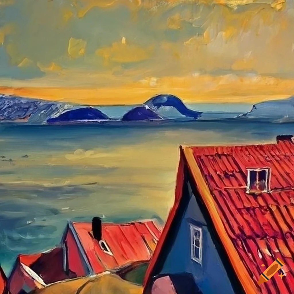 Oil painting of a colorful seaside town at sunset on Craiyon