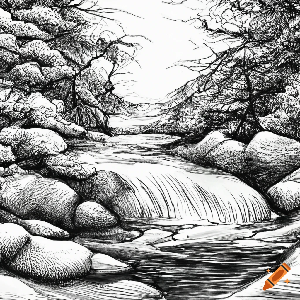 Ink drawing of streams flowing into each other on Craiyon