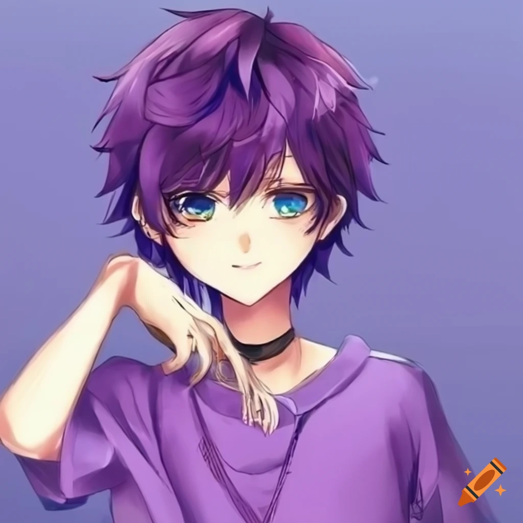 Purple-haired anime boy with adorable outfit on Craiyon