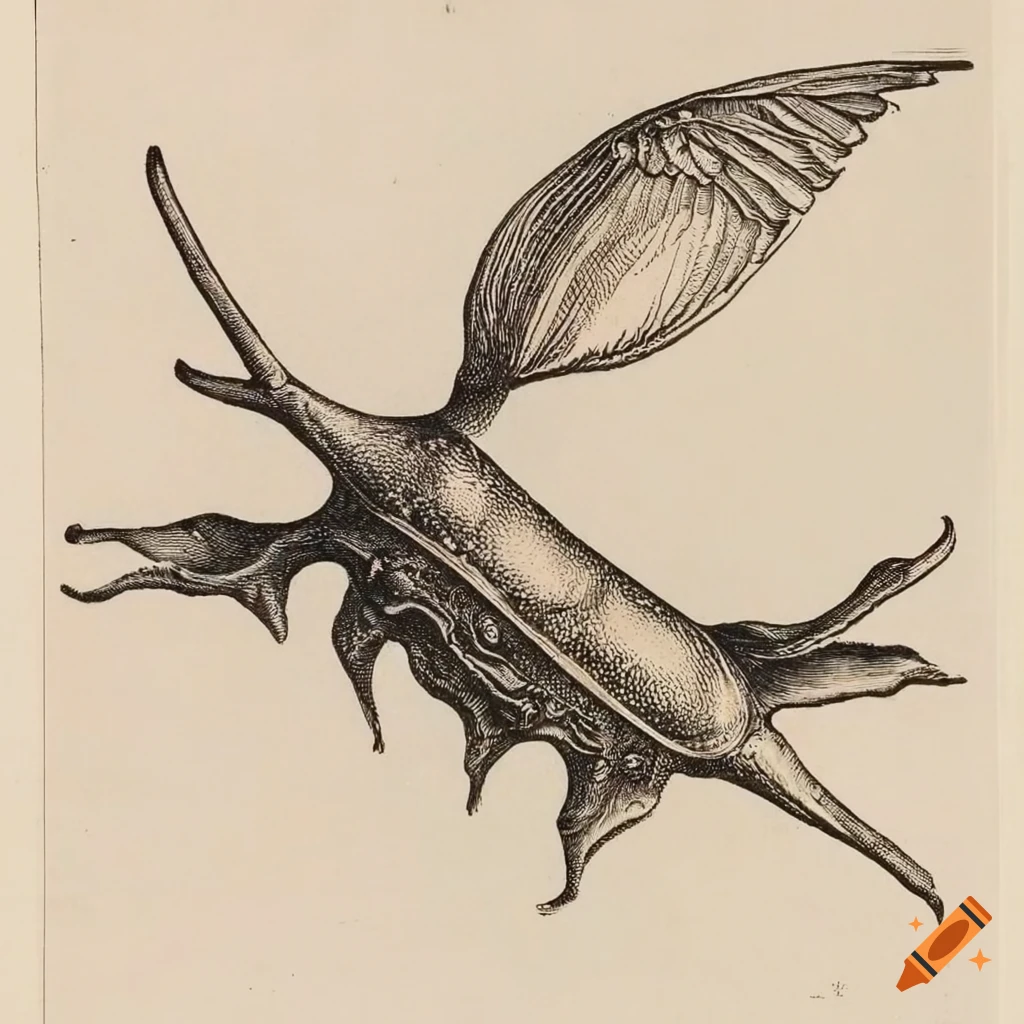 Engraving of flying sea slugs in the sky on Craiyon