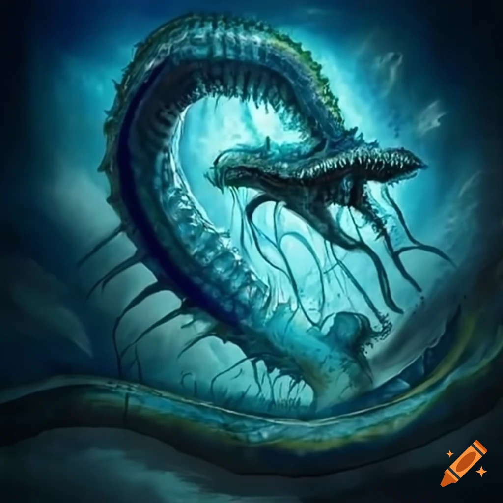 Fantasy illustration of a sea serpent wreaking havoc on Craiyon