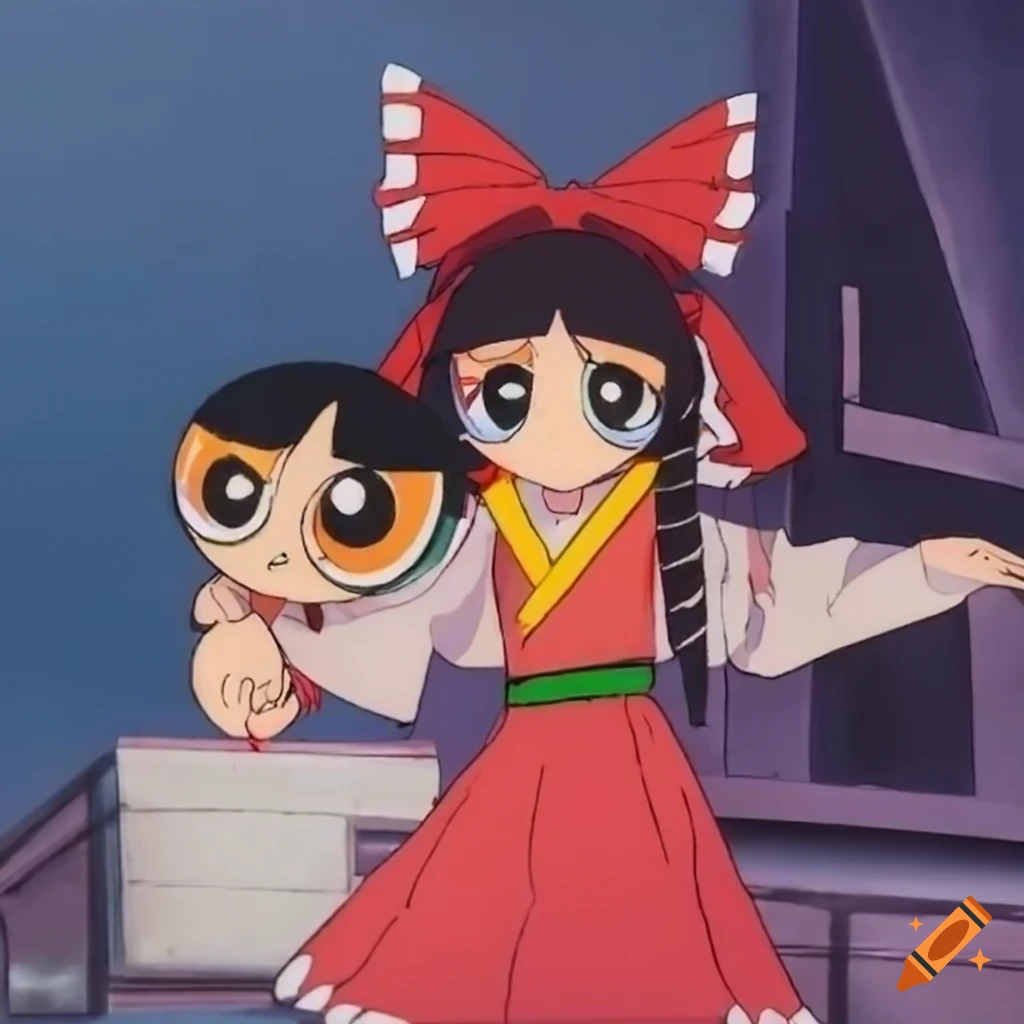 Vintage hand painted cel of reimu hakurei and buttercup shaking hands on Craiyon