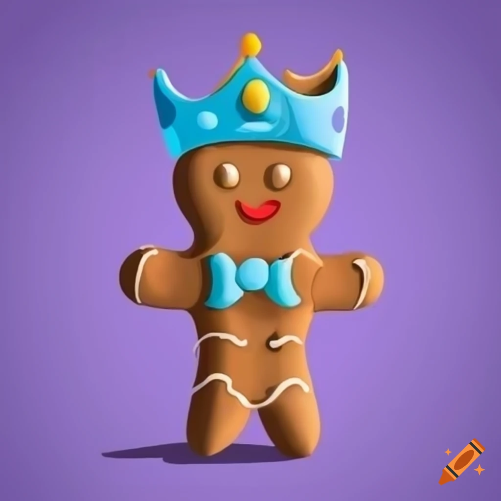 Cartoon of a gingerbread man king with a blue crown on Craiyon
