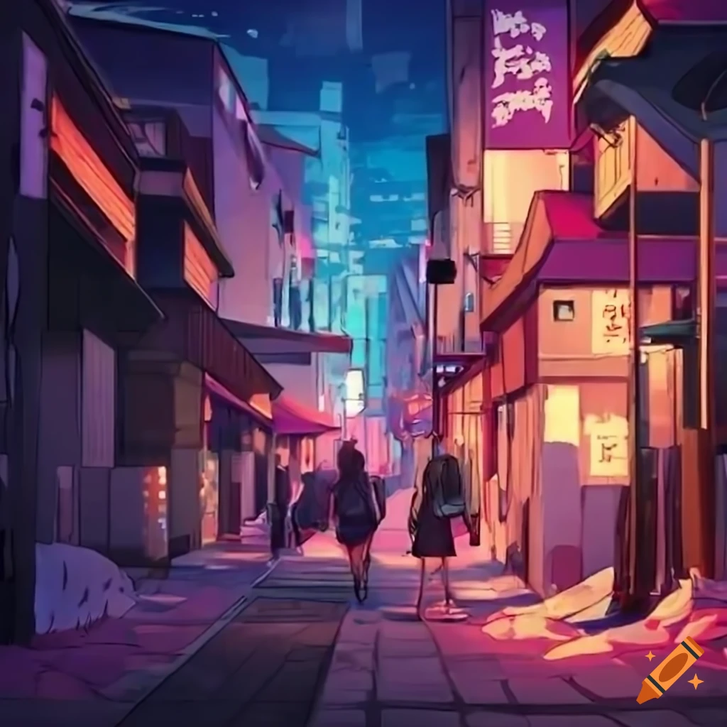 Detailed illustration of two anime girls on a Japanese street on Craiyon