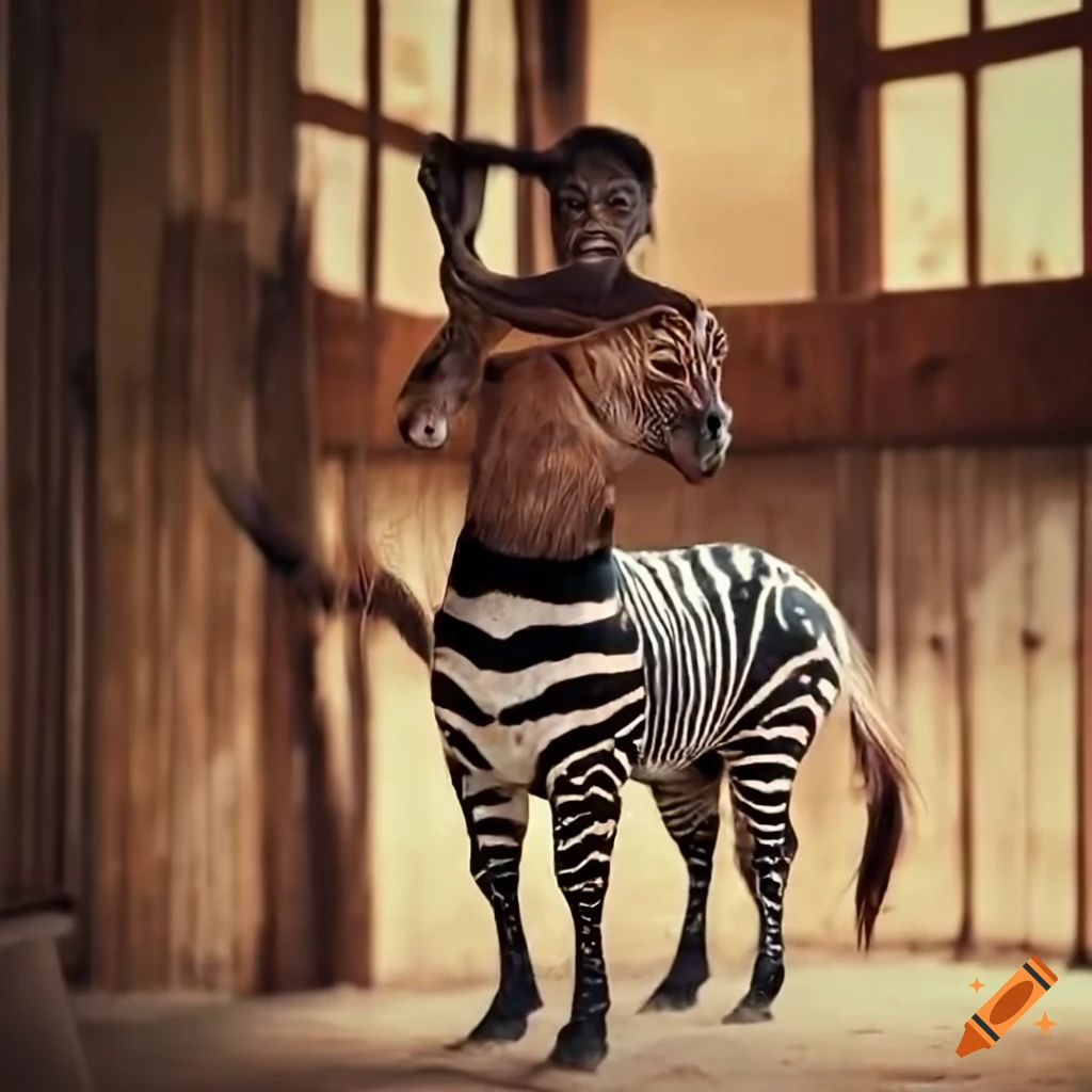 Close-up photo of a zebra-centaur entering a stable on Craiyon