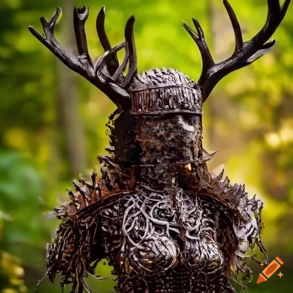 Metal sculpture of a woman with deer antlers in nature on Craiyon