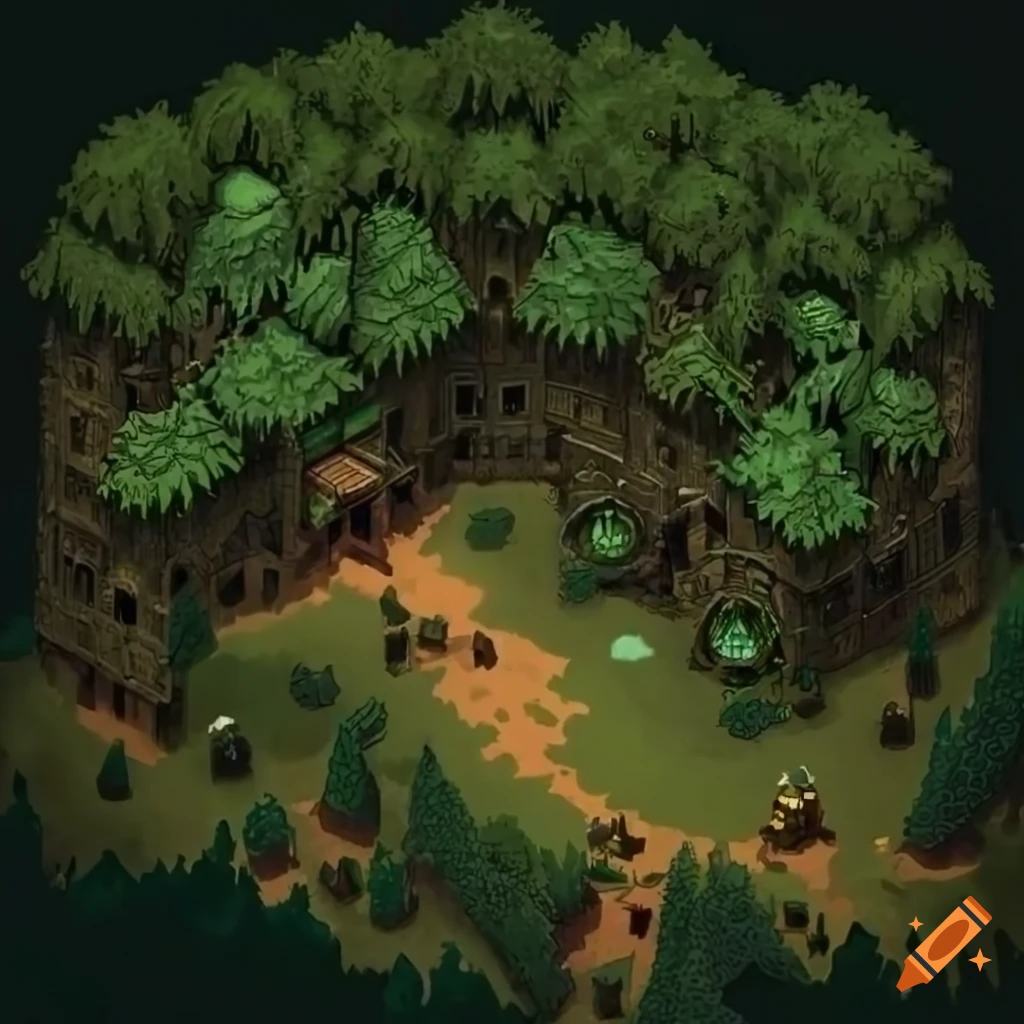Detailed top down pixel art isometric gothic forest map on Craiyon