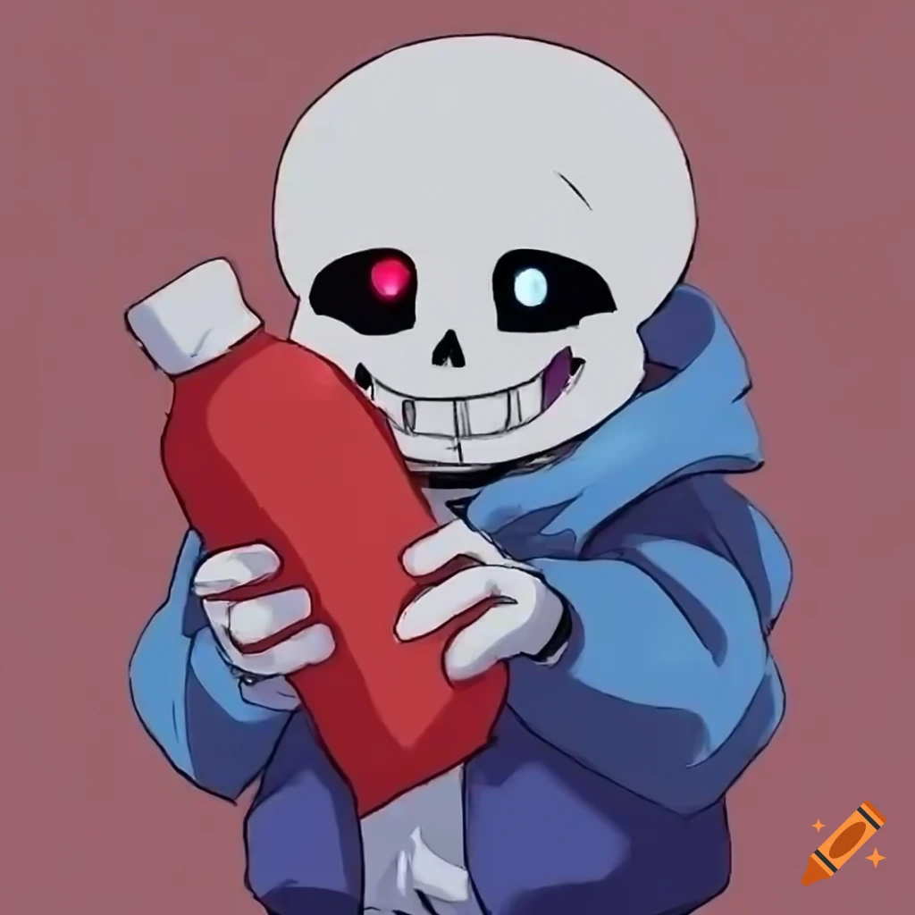 Sans from undertale holding a bottle of ketchup on Craiyon