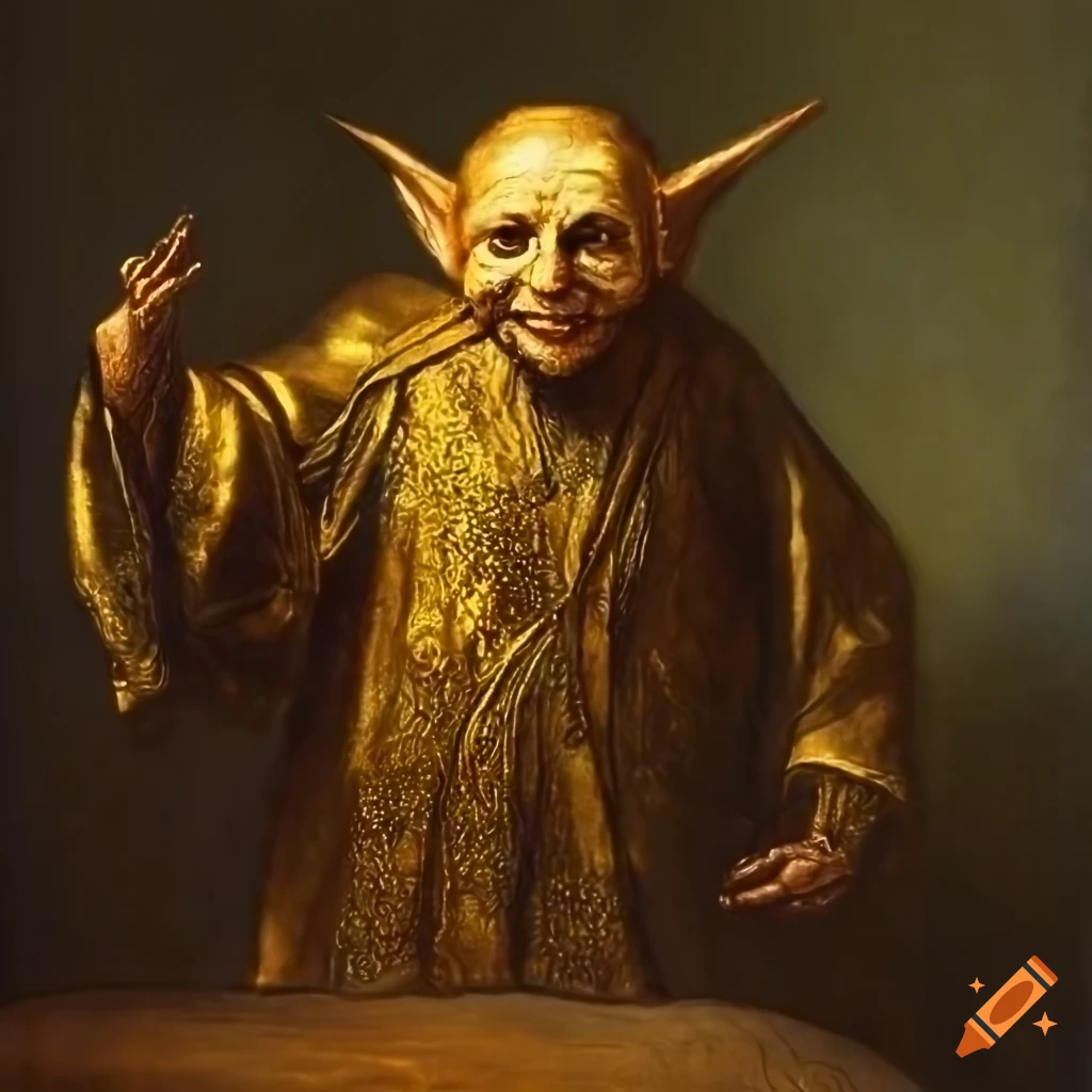 Illustration of a grinning goblin in silk robes on Craiyon
