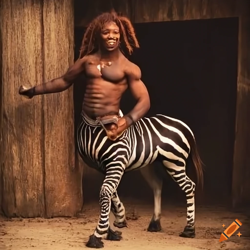 Close-up photo of a zebra-centaur entering a stable