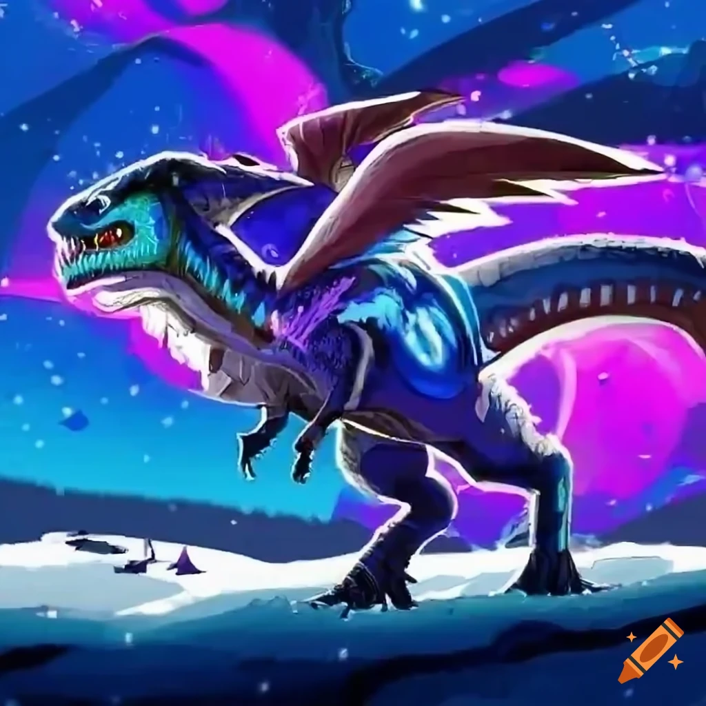 Colorful artwork of a stylized winter-themed dinosaur hybrid on Craiyon