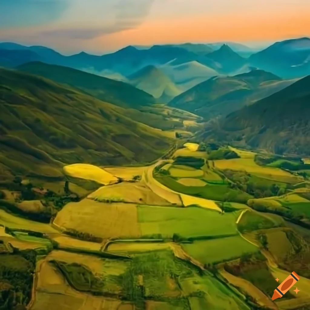 Aerial view of a sustainable farming valley on Craiyon