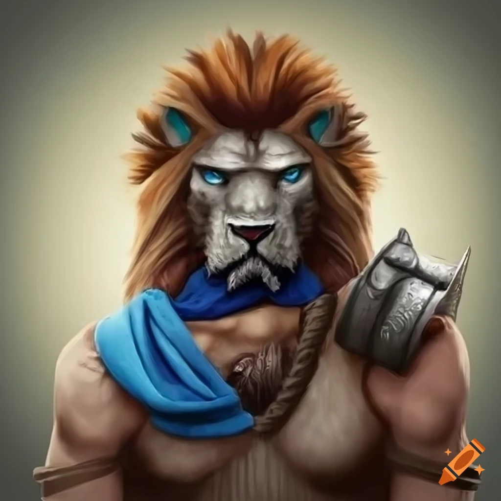 Concept art of a blue-eyed leonin barbarian on Craiyon