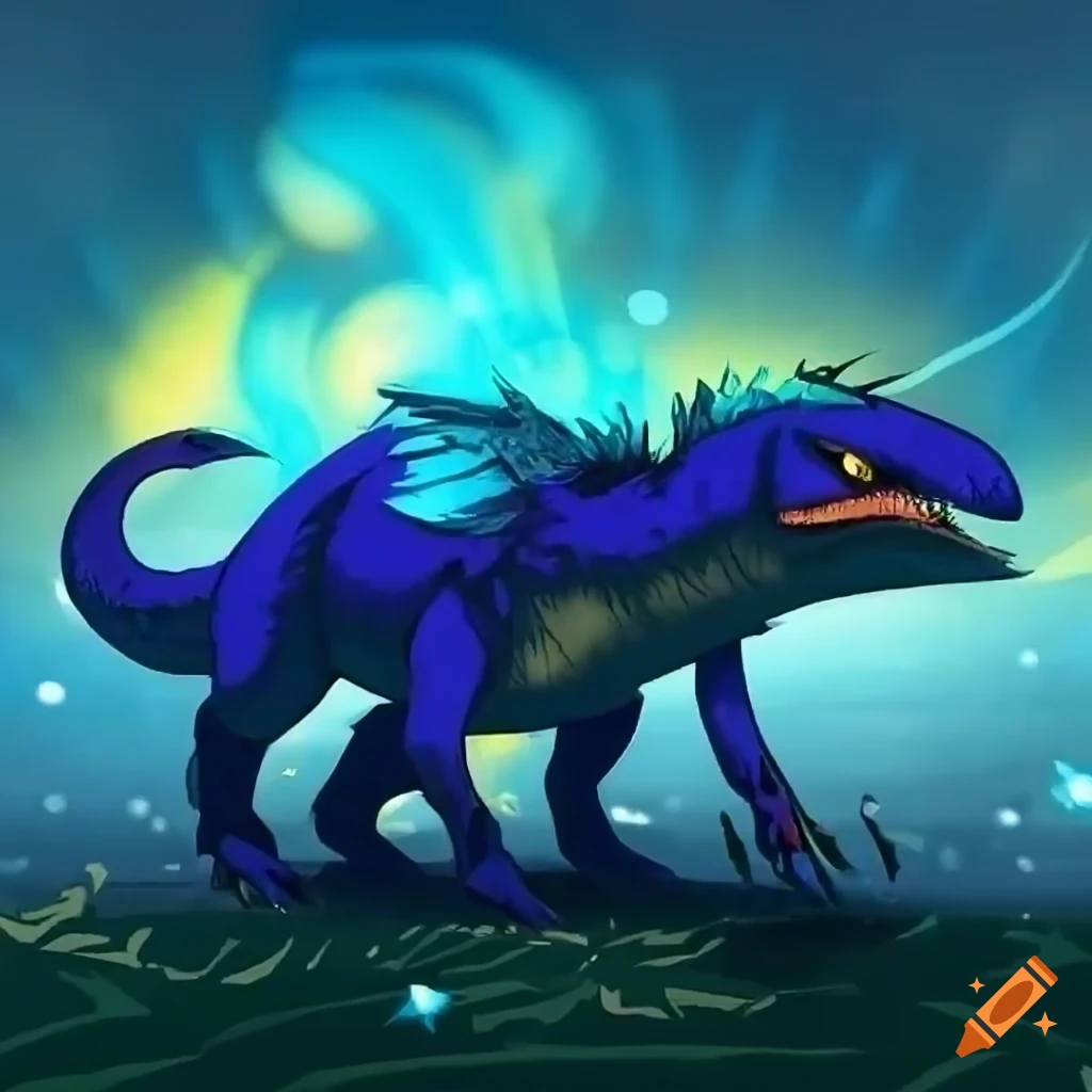 Stylized dinosaur hybrid in a winter-themed setting on Craiyon