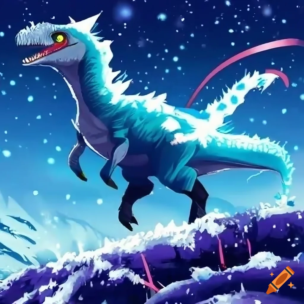 Stylized winter dinosaur hybrid in anime style