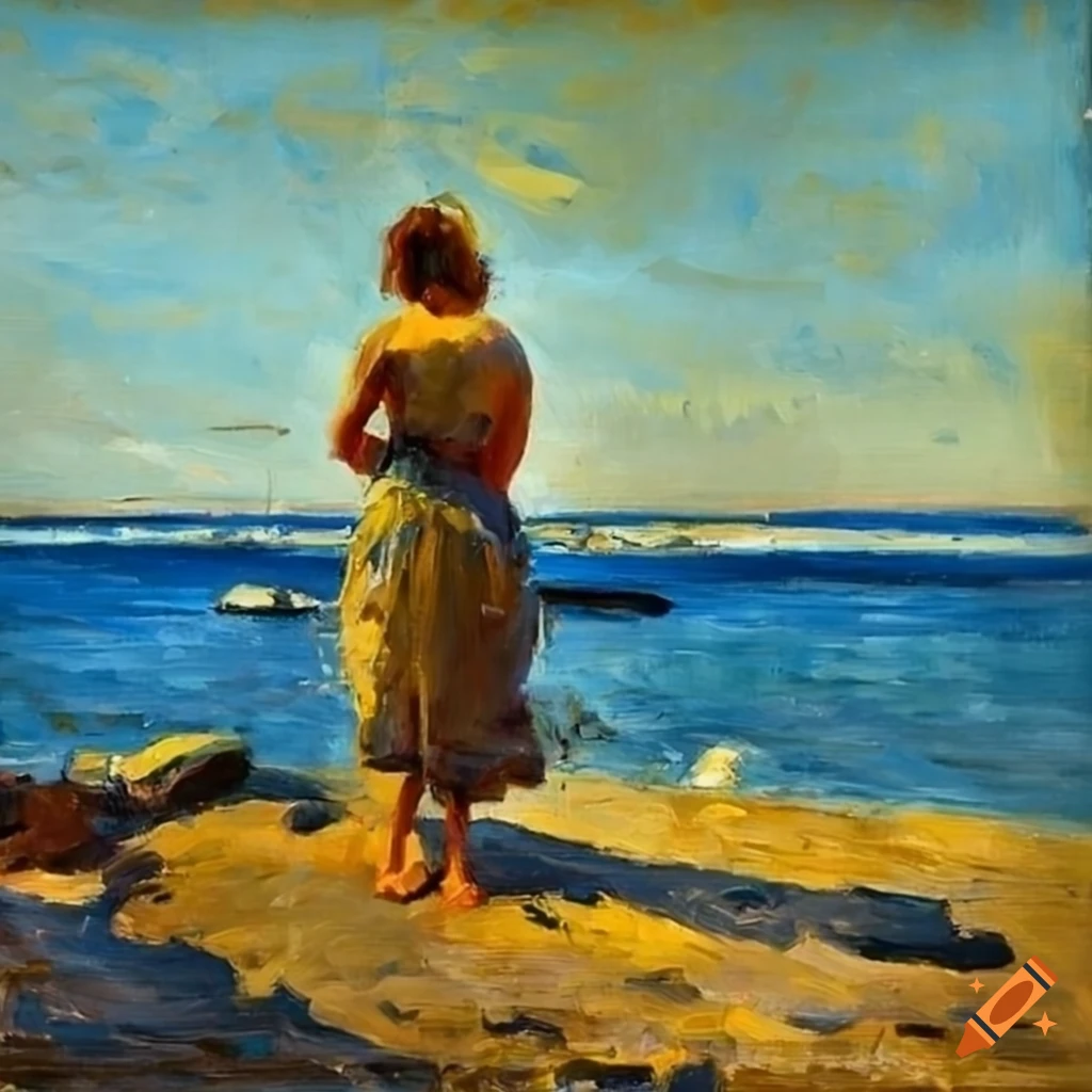 Oil painting of women sunbathing by the sea in Norway on Craiyon