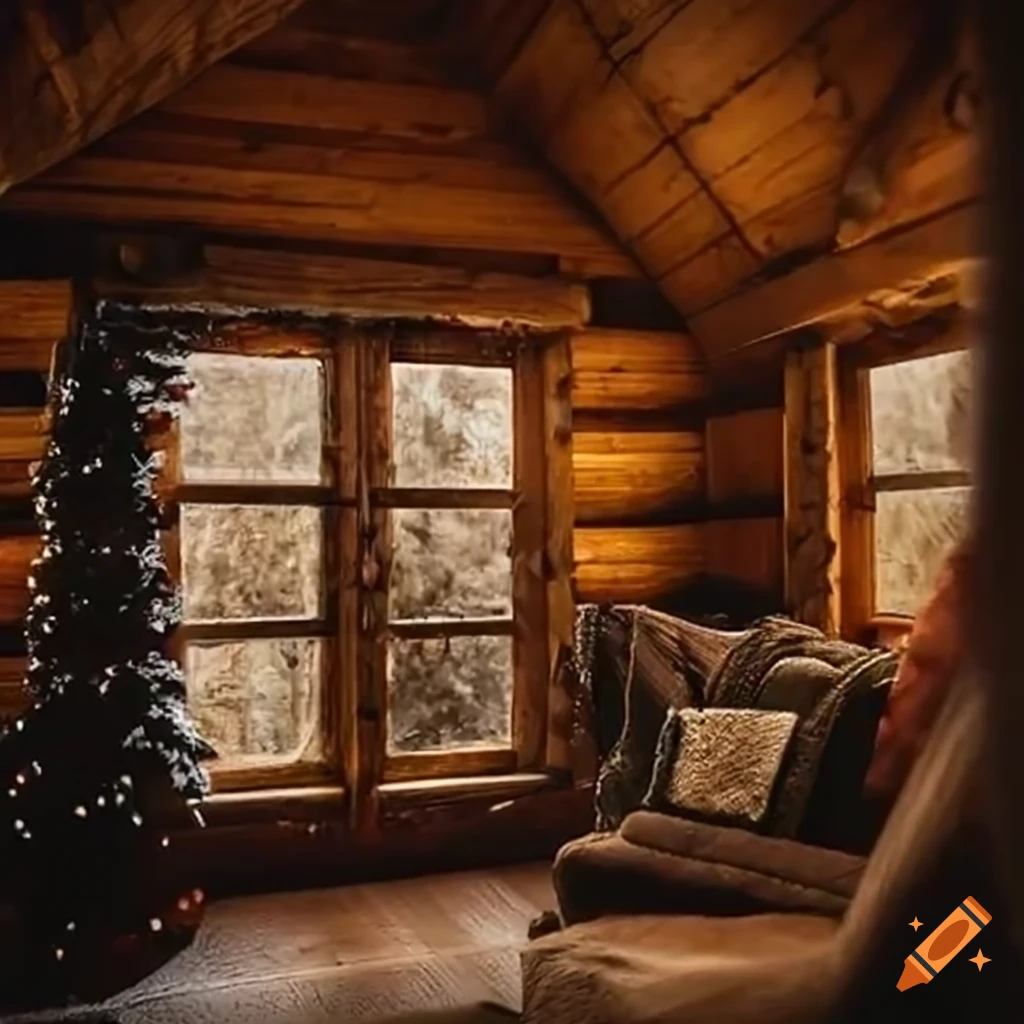 Cozy winter scene in a log cabin with a window view on Craiyon