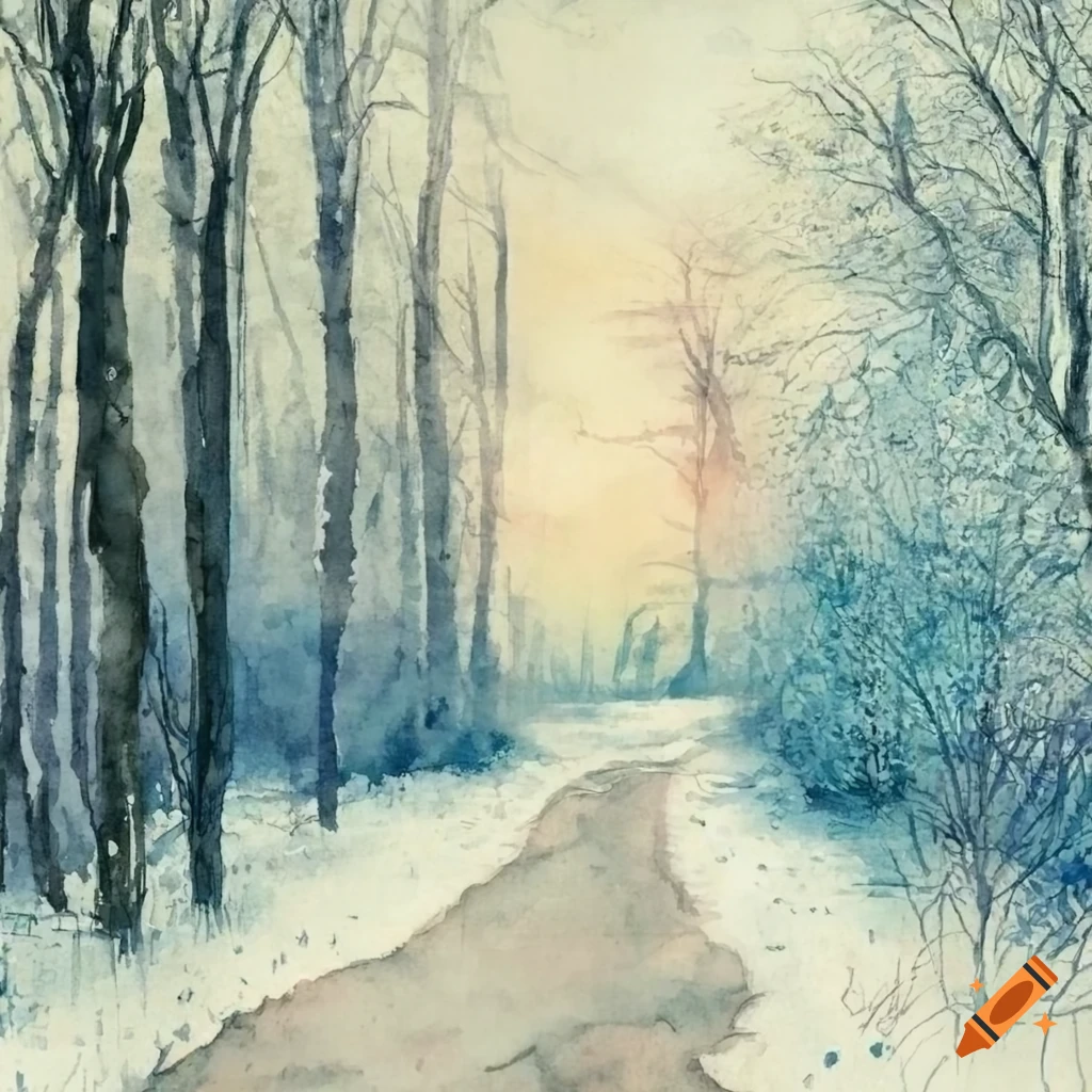 Vintage watercolor of a peaceful winter path on Craiyon