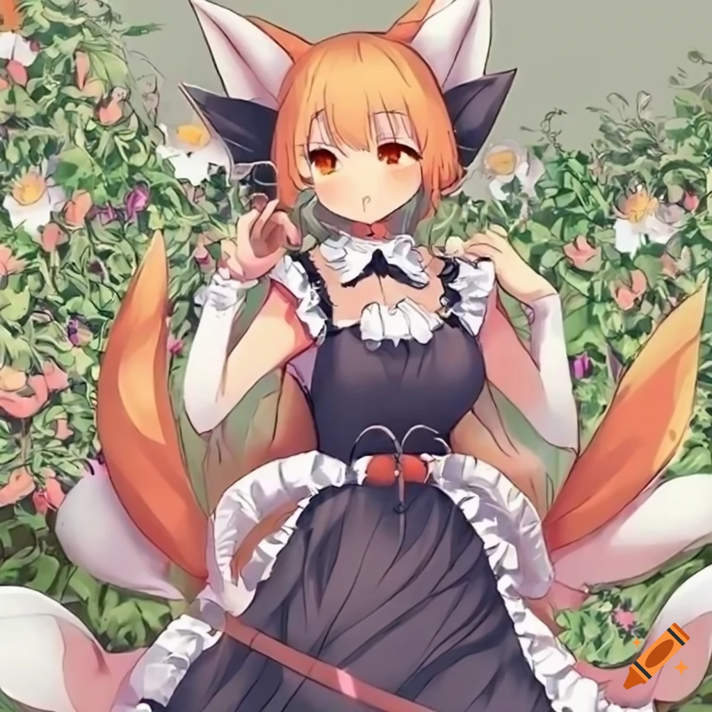 Cute anime fox maid in a garden