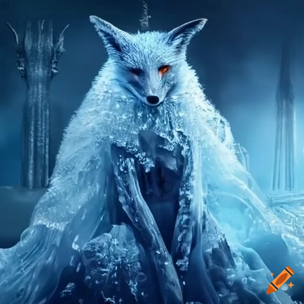 Artwork of a frost-covered fox goddess in the sky on Craiyon