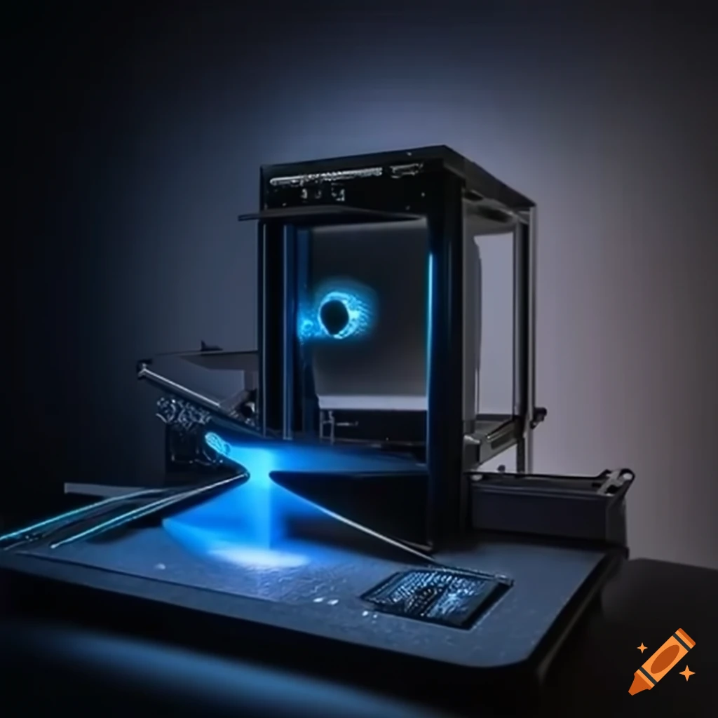 3d printer creating intricate black object with laser beams on Craiyon