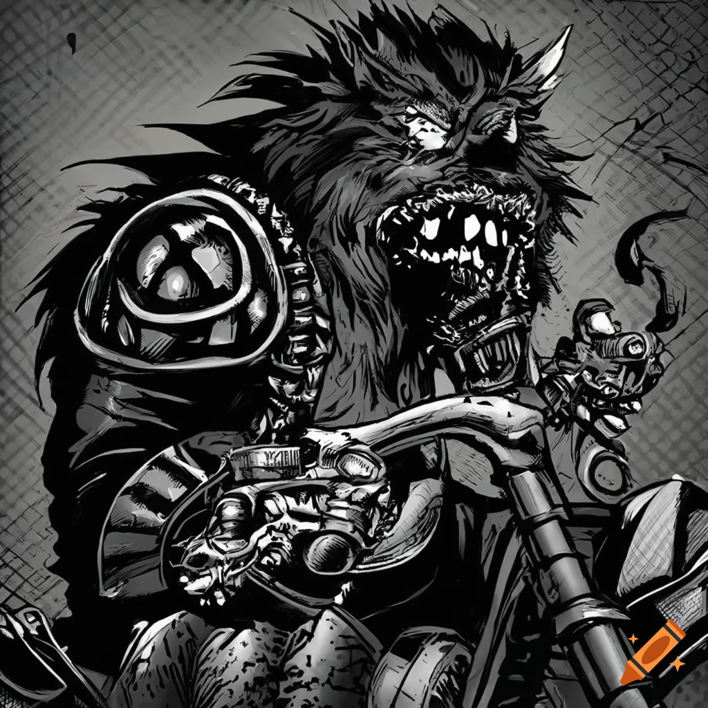 Black and white comic style image of a werewolf on a flaming motorcycle ...